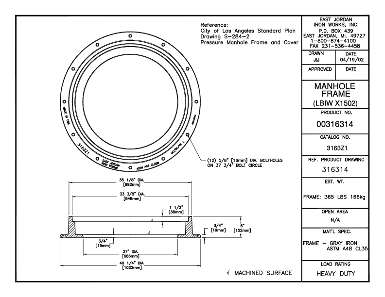 Manhole Frame and Cover, Pressure Type 211-3 | Long Beach Iron Works